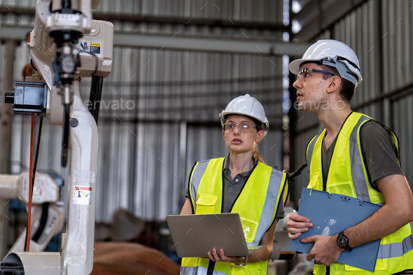 In robotic training instructor teach girl engineer to program robot arm ...