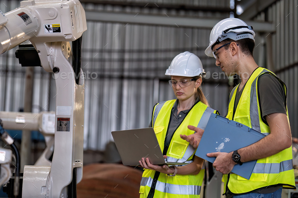 In robotic training instructor teach girl engineer to program robot arm ...