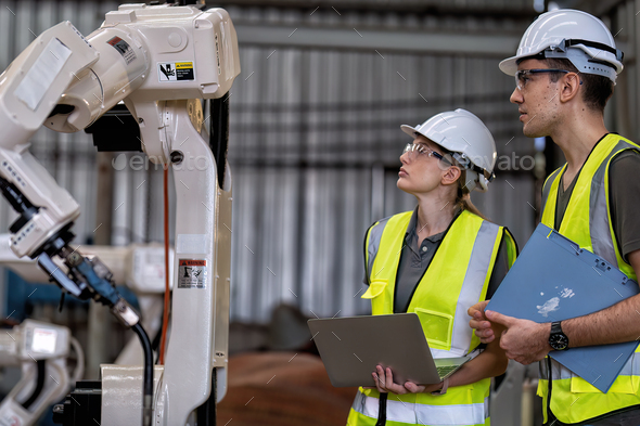 In robotic training instructor teach girl engineer to program robot arm ...