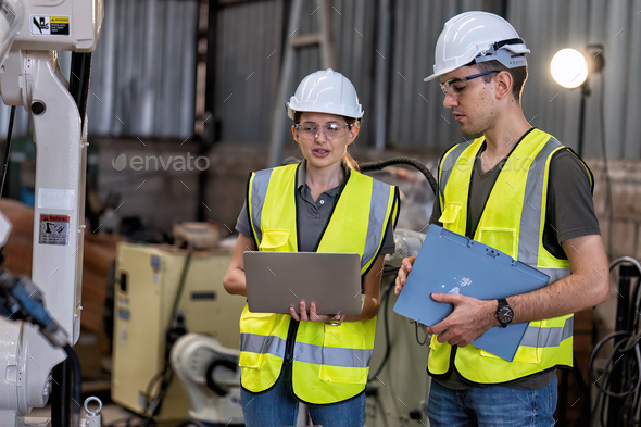 In robotic training instructor teach girl engineer to program robot arm ...