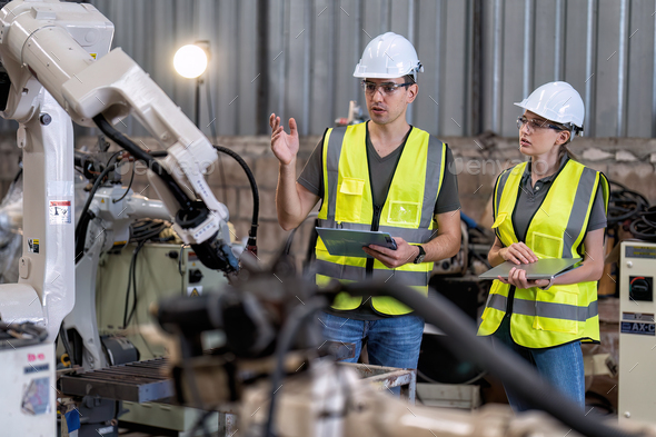In robotic training instructor teach girl engineer to program robot arm ...