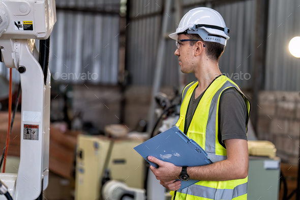 In robotic maintenance shop engineer check commissioning and operate ...