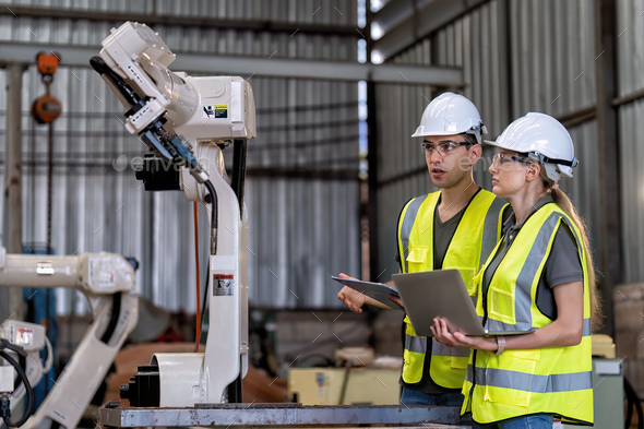 In robotic training instructor teach girl engineer to program robot arm ...
