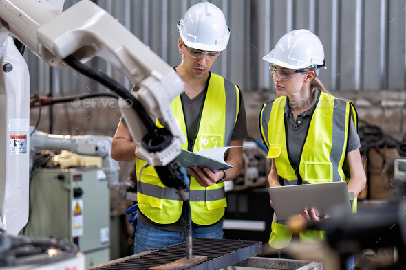 In robotic training instructor teach girl engineer to program robot arm ...