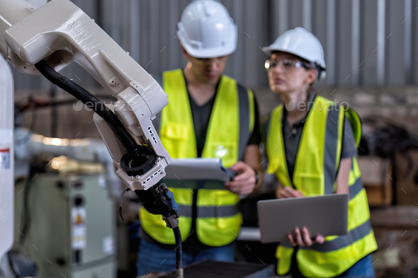 In robotic training instructor teach girl engineer to program robot arm ...