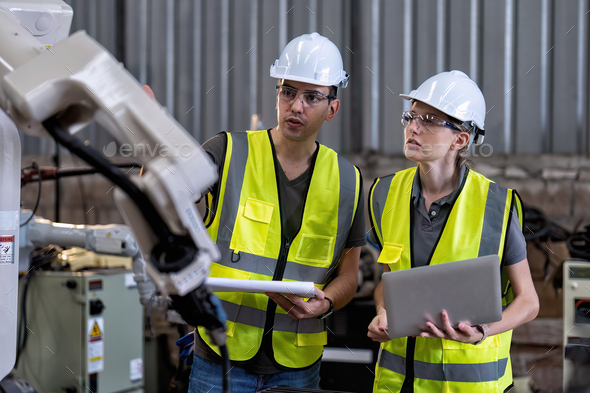 In robotic training instructor teach girl engineer to program robot arm ...