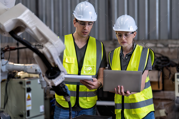 In robotic training instructor teach girl engineer to program robot arm ...