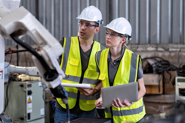 In robotic training instructor teach girl engineer to program robot arm ...