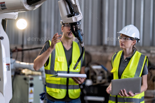 In robotic training instructor teach girl engineer to program robot arm ...