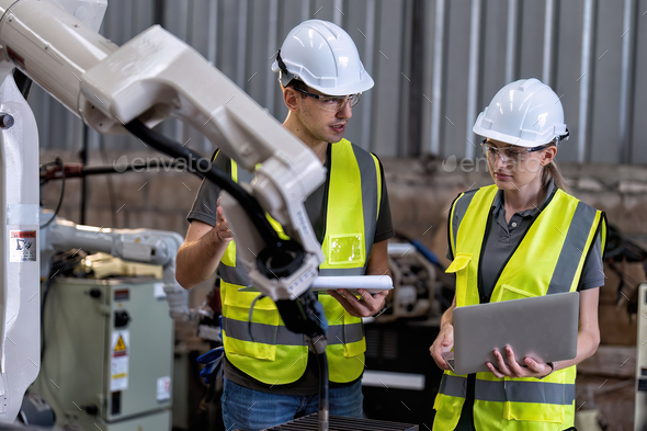In robotic training instructor teach girl engineer to program robot arm ...