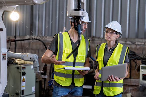 In robotic training instructor teach girl engineer to program robot arm ...