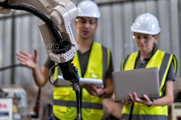In robotic training instructor teach girl engineer to program robot arm ...