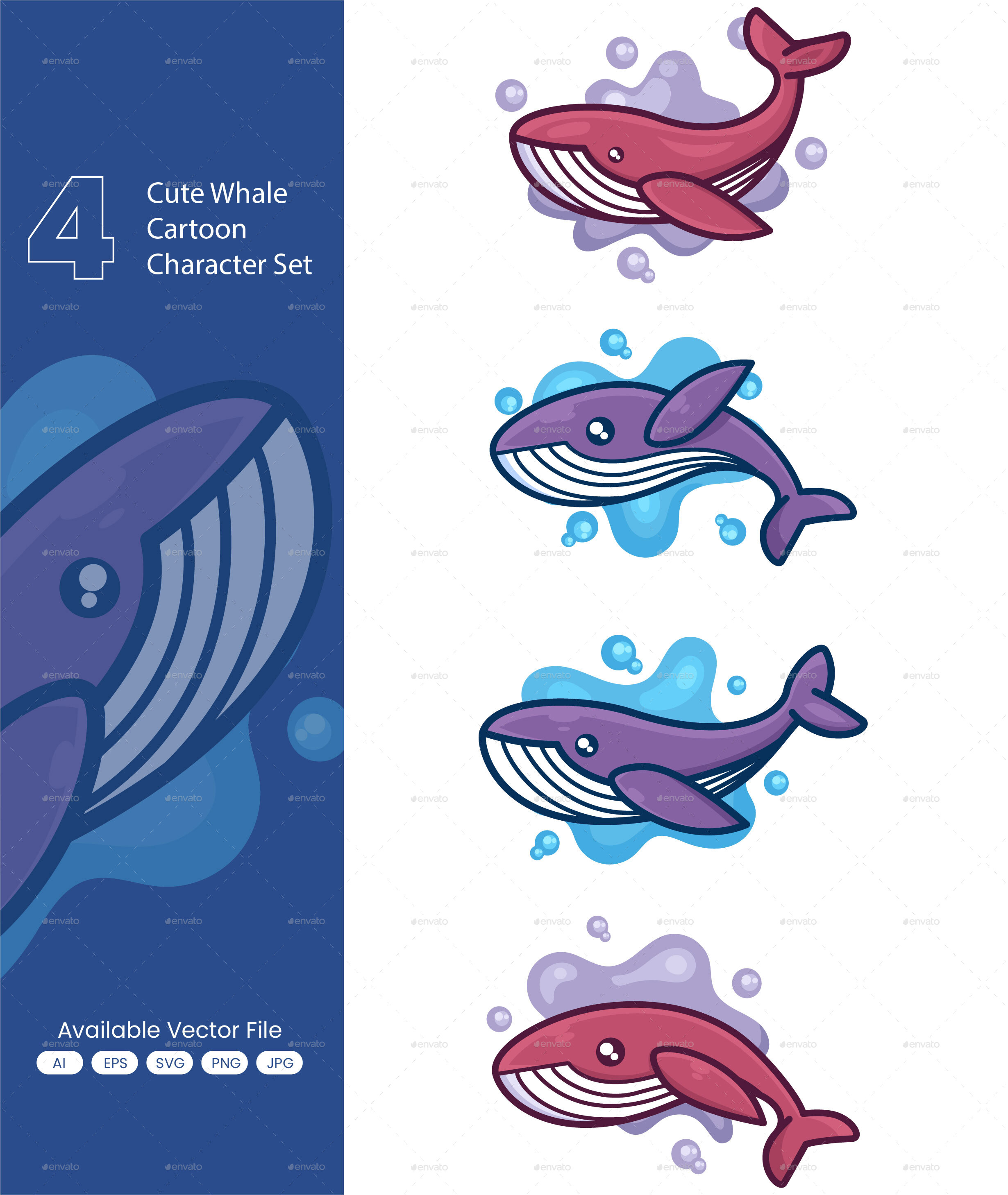Cute Whale Cartoon Character Set, Vectors | GraphicRiver