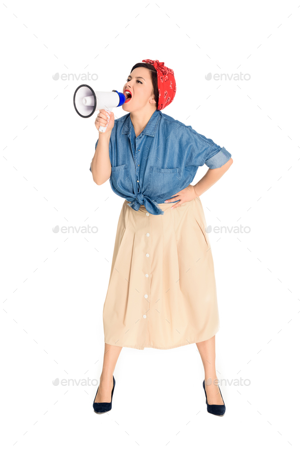 full length view of emotional size plus pin up model yelling in ...