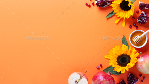 Jewish holiday Rosh Hashanah web banner with apples, honey and flowers ...