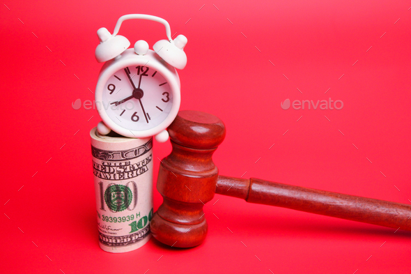bell clock, money, gavel. financial judgment concept Stock Photo by ...