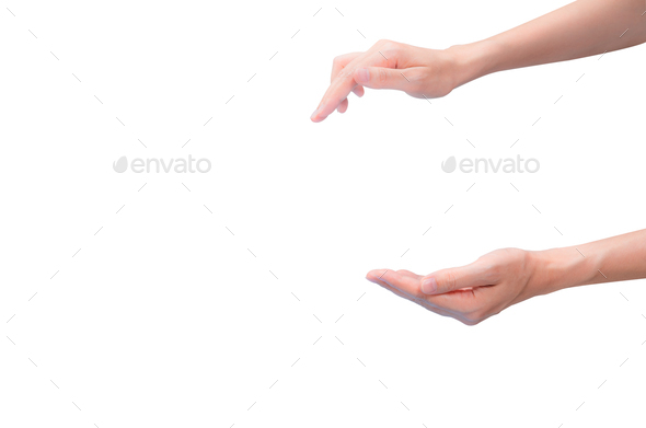 Asian woman hands gesture press with two fingers and receive isolated ...