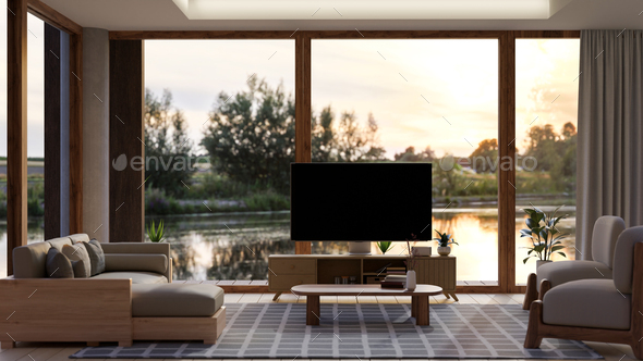 Modern and cozy cottage house with lake view through the window in ...