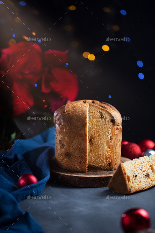 One panettone sweet bread , traditional Italian food for Christmas on a ...