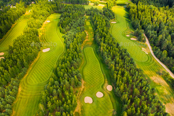 Top view of the golf course located in a wooded area Stock Photo by ...