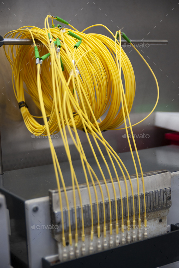 Yellow optical fiber with connector of E2000 type pig tail Stock Photo ...