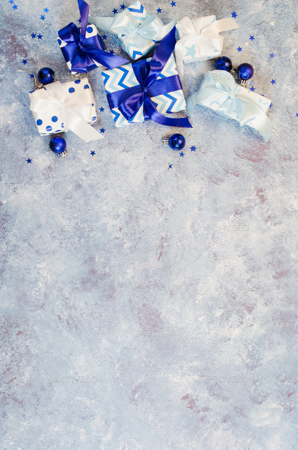 Christmas background. Gift boxes and decoration in blue color. Stock ...