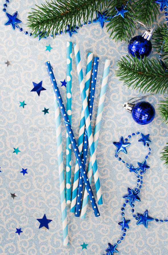 Straws with various pattern in blue color for Christmas or New Year ...