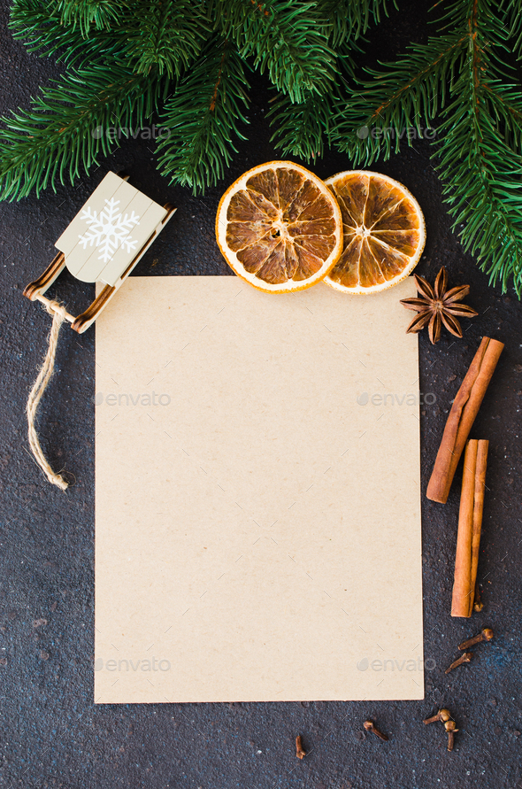 Christmas culinary background for menu or recipe. Blank paper with ...