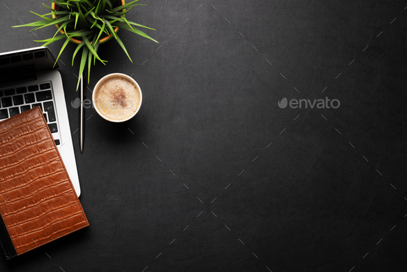 Office desk table with laptop, cup of coffee and supplies Stock Photo ...
