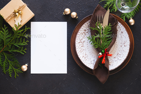 Christmas table setting. Background for writing Christmas or New Year ...