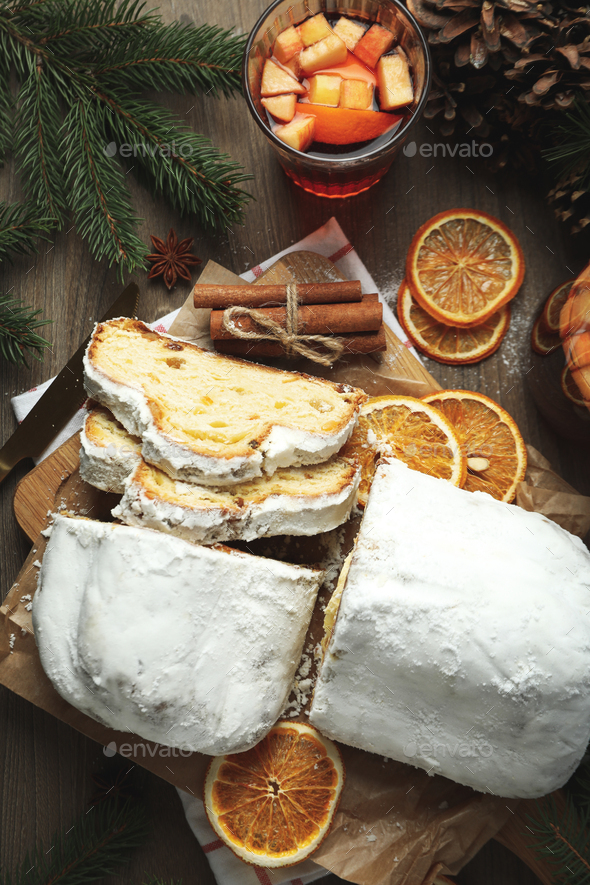Concept of German dessert - Stollen, top view Stock Photo by AtlasComposer