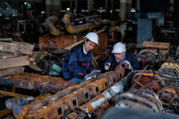 Maintenance manager and engineer checking part large engine ...