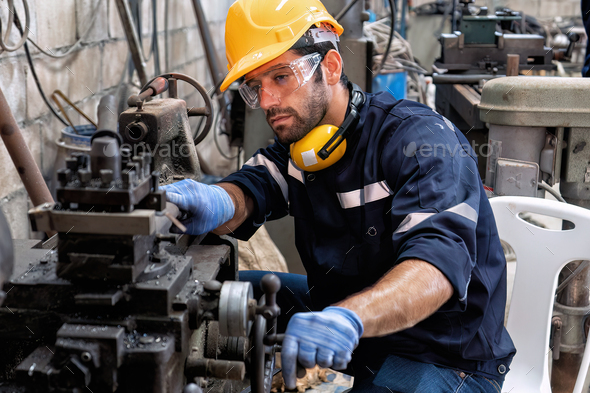 In robotic maintenance repair engineer lathe machine fabricate part and ...