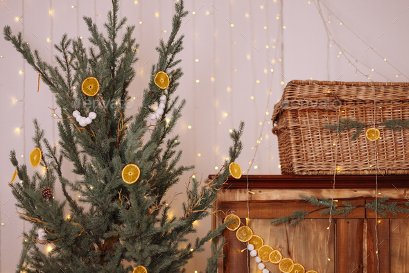 Christmas tree and wicker basket Stock Photo by kaplickaya | PhotoDune