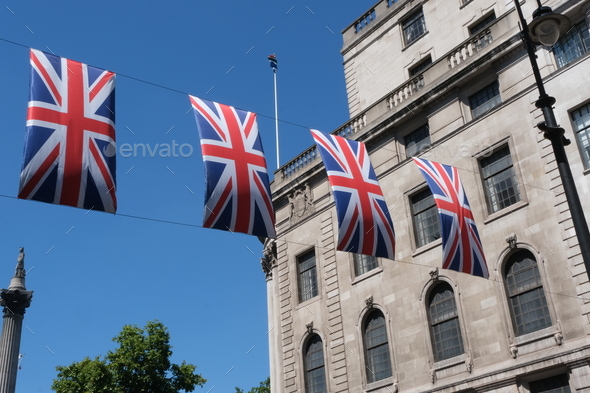 British flags hanging on the streets of London. Union jack flag ...