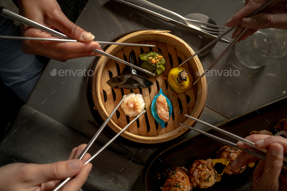 Dim sum at fusion restaurant - Flat top photo Stock Photo by baffos