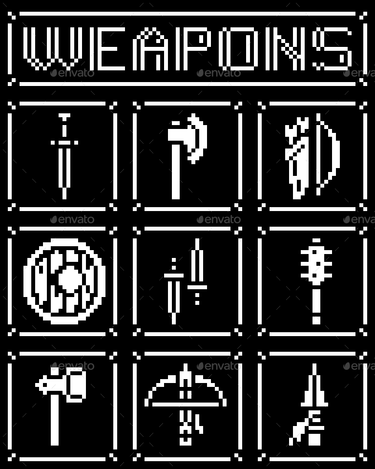 Monochrome Black And White Pixel Art Icons Set, Game Assets | GraphicRiver