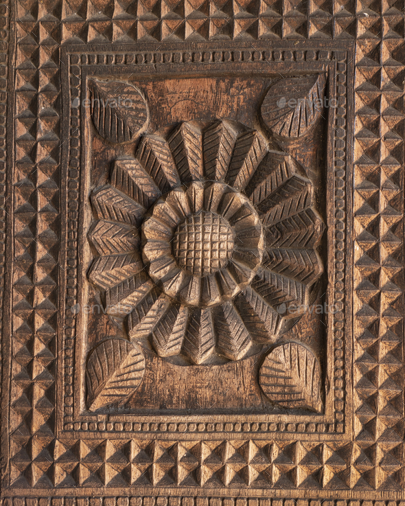 Traditional wood carvings of Embekka Devalaya Stock Photo by motion5