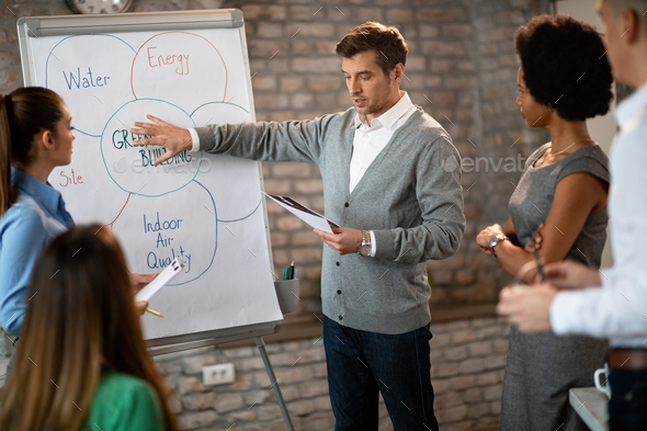 Male business leader presenting his colleagues new strategy on ...