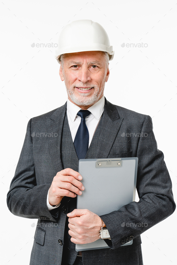 Vertical portrait of caucasian construction worker engineer architect ...