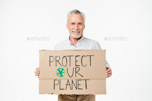 Caucasian mature eco-activist volunteer go-green movement holding ...
