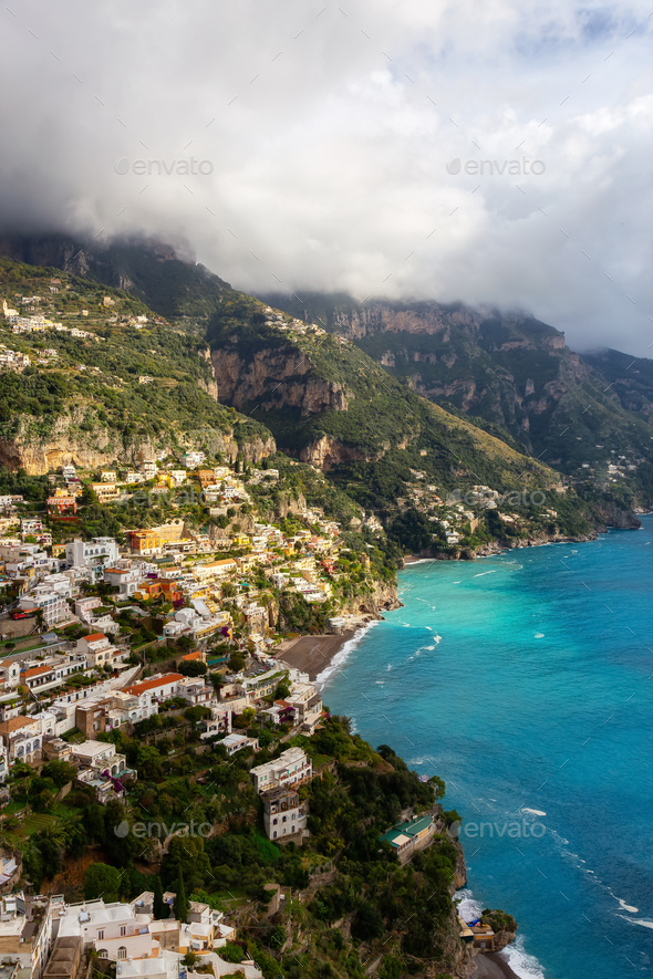 Touristic Town, Positano, on Rocky Cliffs and Mountain Landscape by the ...