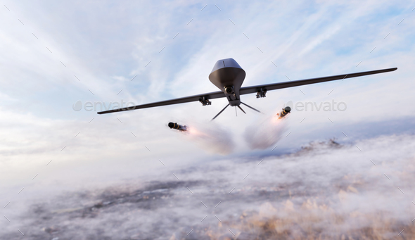 Military combat drone UAV launching missiles Stock Photo by photocreo