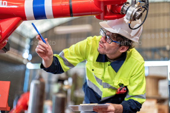 Engineer working quality check with hardware robotic arm at workshop ...
