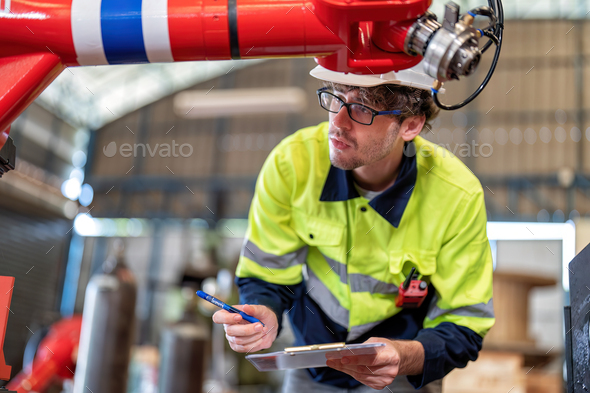 Engineer working quality check with hardware robotic arm at workshop ...