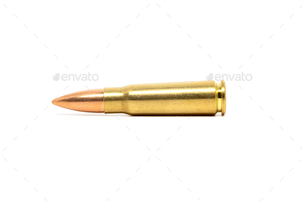 One bullet isolated on white background. Cartridge 7.62 caliber for ...