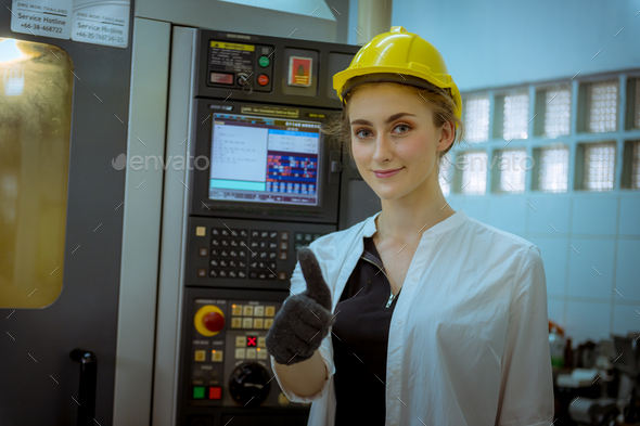 Engineer worker wearing safety uniform control operating computer ...