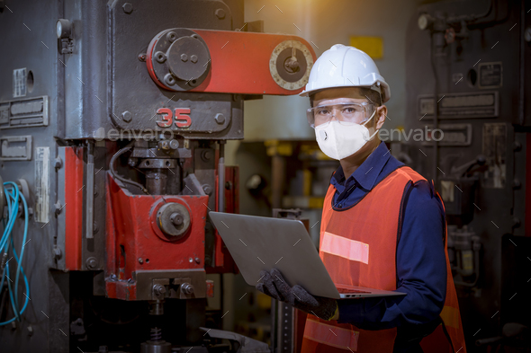 Portrait man worker under inspection and checking production process on ...