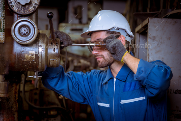Engineer worker wearing safety uniform control operating computer ...