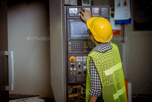Engineer worker wearing safety uniform control operating computer ...
